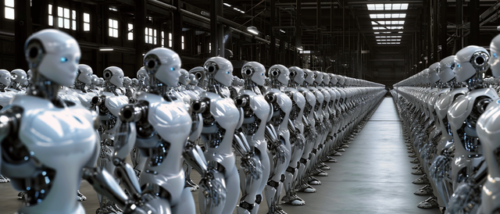 Humanoid robots standing in a factory Photo Midjourney AI Wikimedia ...